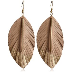 handmade bohemian lightweight soft genuine leather feather leaf dangle drop earring sparkle real leather large leaf hook earrings with simple drop metal bar for women statement jewelry gifts (khaki)