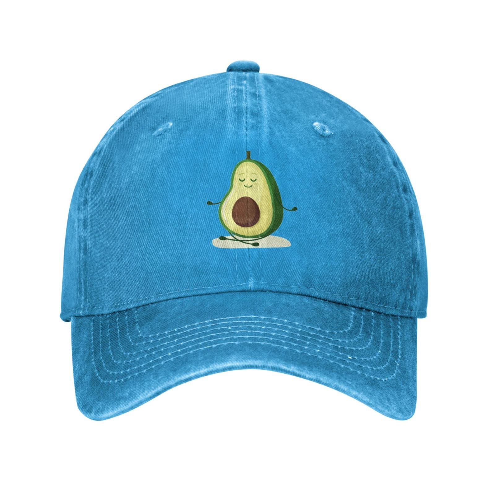 VunKo Funny Avocado Yoga Blue Vintage Distressed Adjustable Washed Denim Cotton Low Profile Mens Dad Trucker Hat Black Fitted Baseball Ball Cap for Men Unisex Headwear