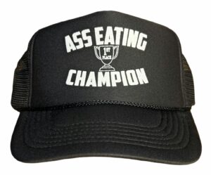 ass eating champion snapback trucker hat for men or women, vintage fit with funny novelty graphic, black custom mesh cap