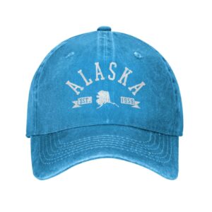 Alaska Est. 1959 State Map Souvenir Gift Men Baseball Cap Adults Women Vintage Washed Cotton Sun Dad Golf Blue Summer Trucker Hat