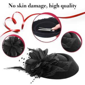 Yolev Pillbox Hat with Veil and Feather Headband, Vintage Fascinator for Women Tea Party, Black