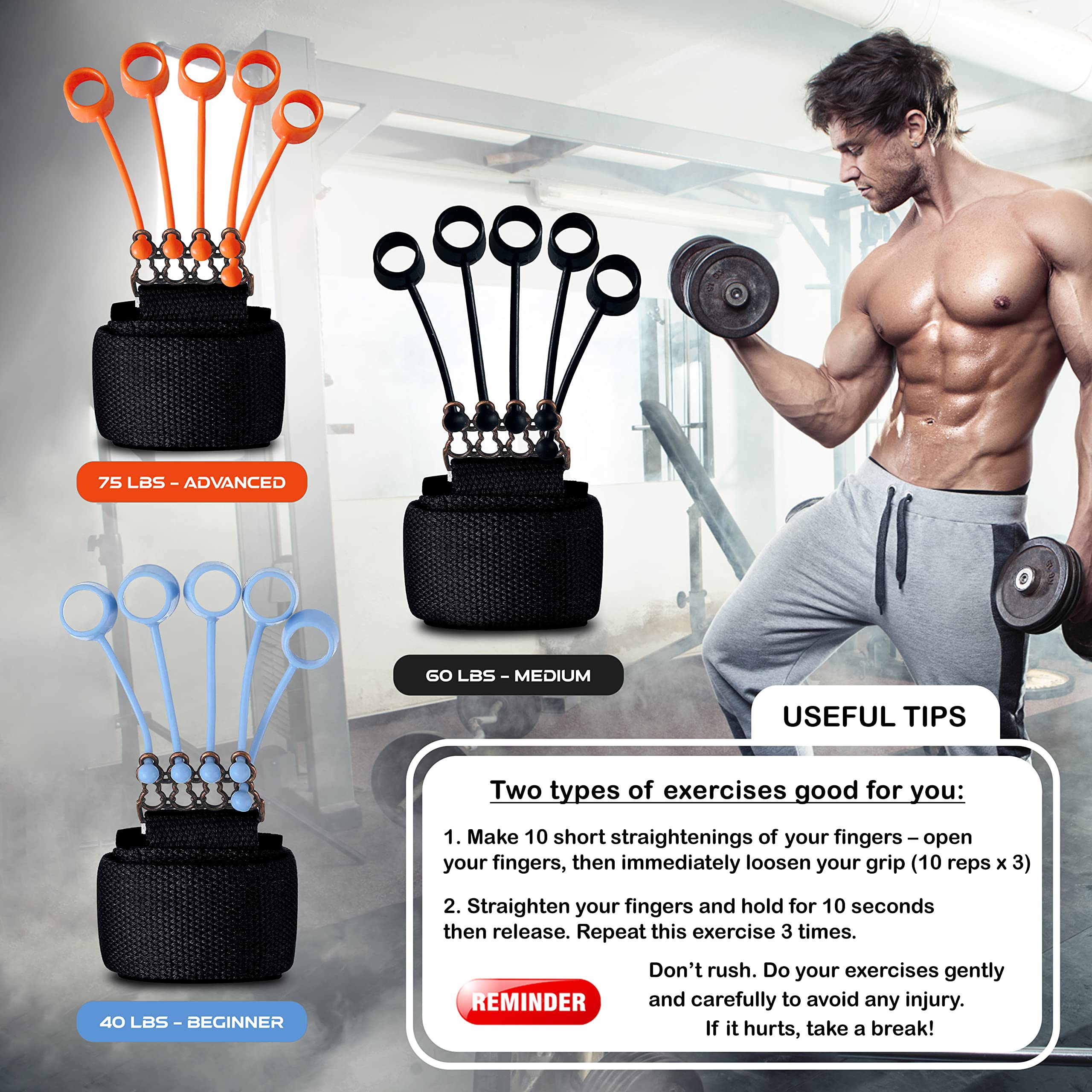 Hand Grip Strength Trainer - 3 Resistance Levels Forearm Strengthener for Beginner, Intermediate & Advance Users - Hand Grip Strengthener Set, The Gripster, Finger Strengthener and Forearm Exerciser