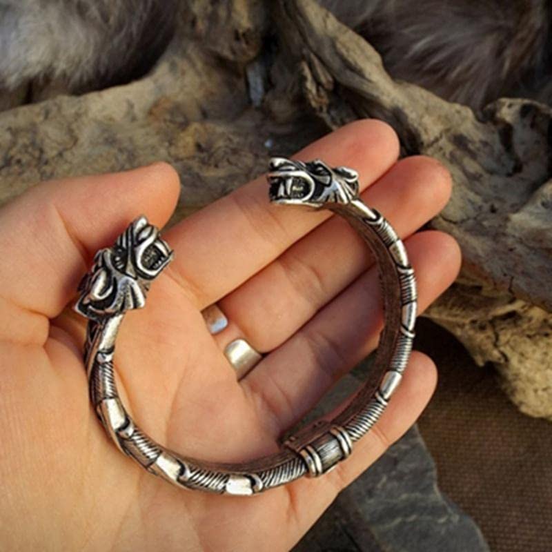 Norse Tradesman Viking Wolf Cuff Bracelet with Celtic Knot - Men & Women Unisex - One-Size-Fits-All - Semi-Adjustable Bangle