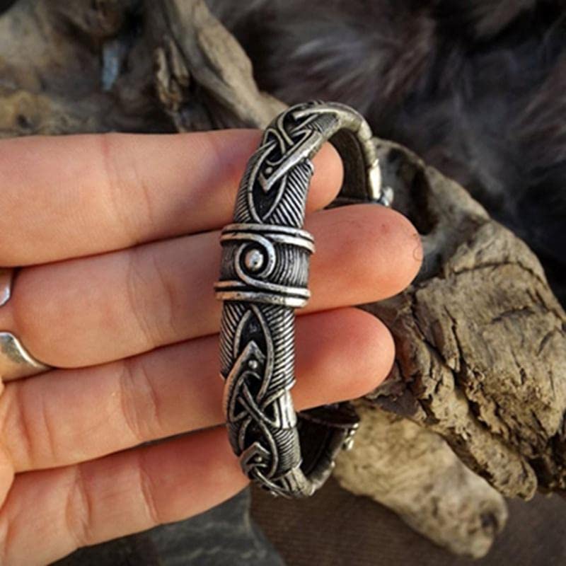 Norse Tradesman Viking Wolf Cuff Bracelet with Celtic Knot - Men & Women Unisex - One-Size-Fits-All - Semi-Adjustable Bangle