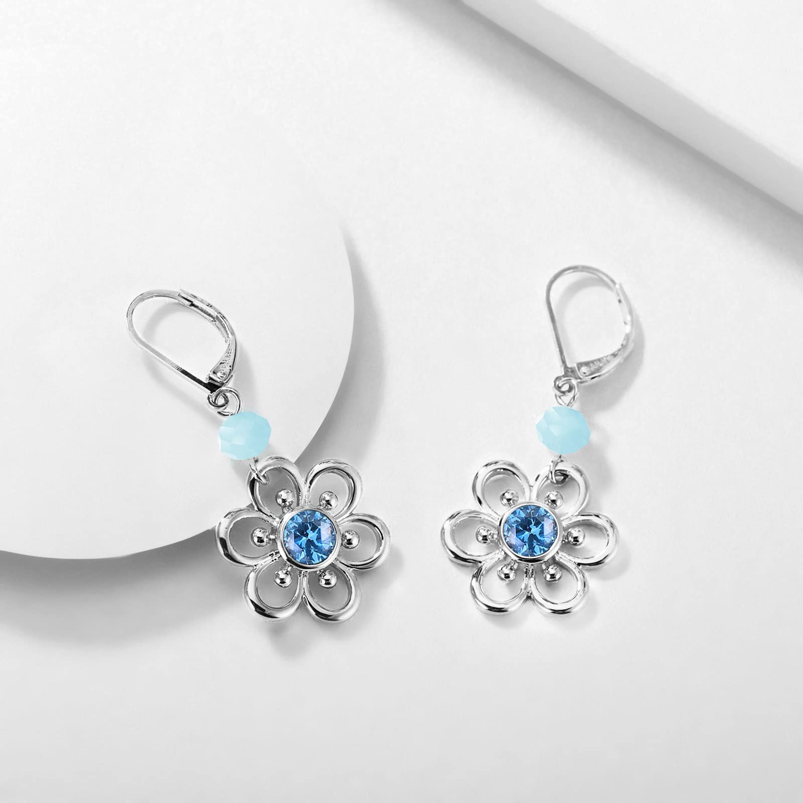 Dangle Flower Earrings for Women, White Gold Plated Drop Earrings with Blue Cubic Zirconia