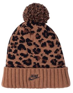 nike women's nsw brown leopard print fleece lined cuffed pom beanie