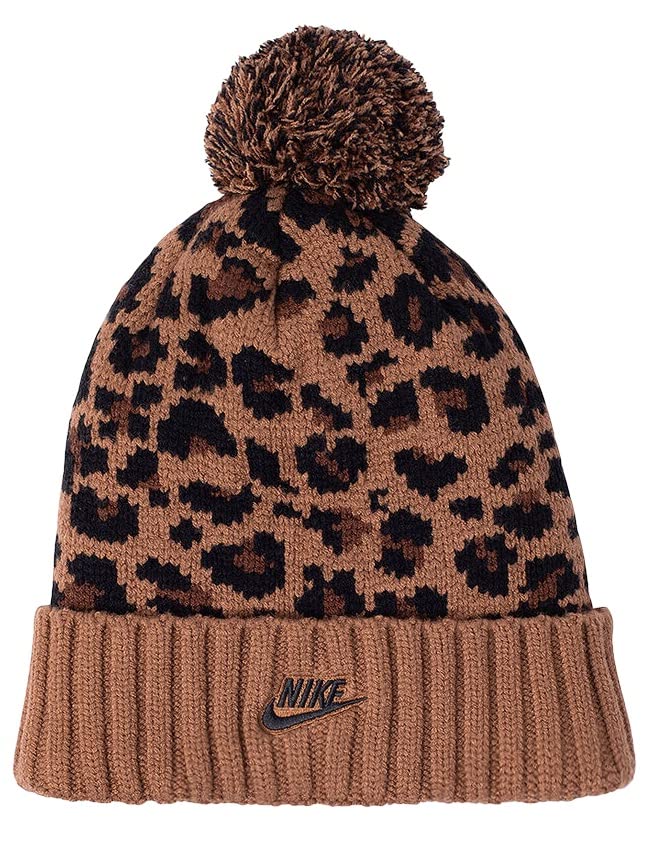 Nike Women's NSW Brown Leopard Print Fleece Lined Cuffed Pom Beanie