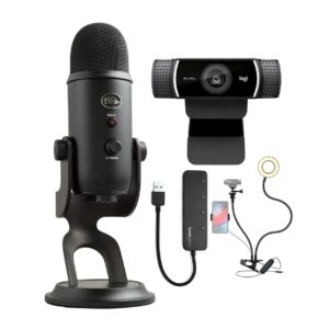 blue microphones yeti usb microphone (blackout) bundle with 1080p webcam, 4-port usb 3.0 hub and selfie ring light (4 items)