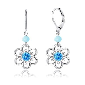 dangle flower earrings for women, white gold plated drop earrings with blue cubic zirconia