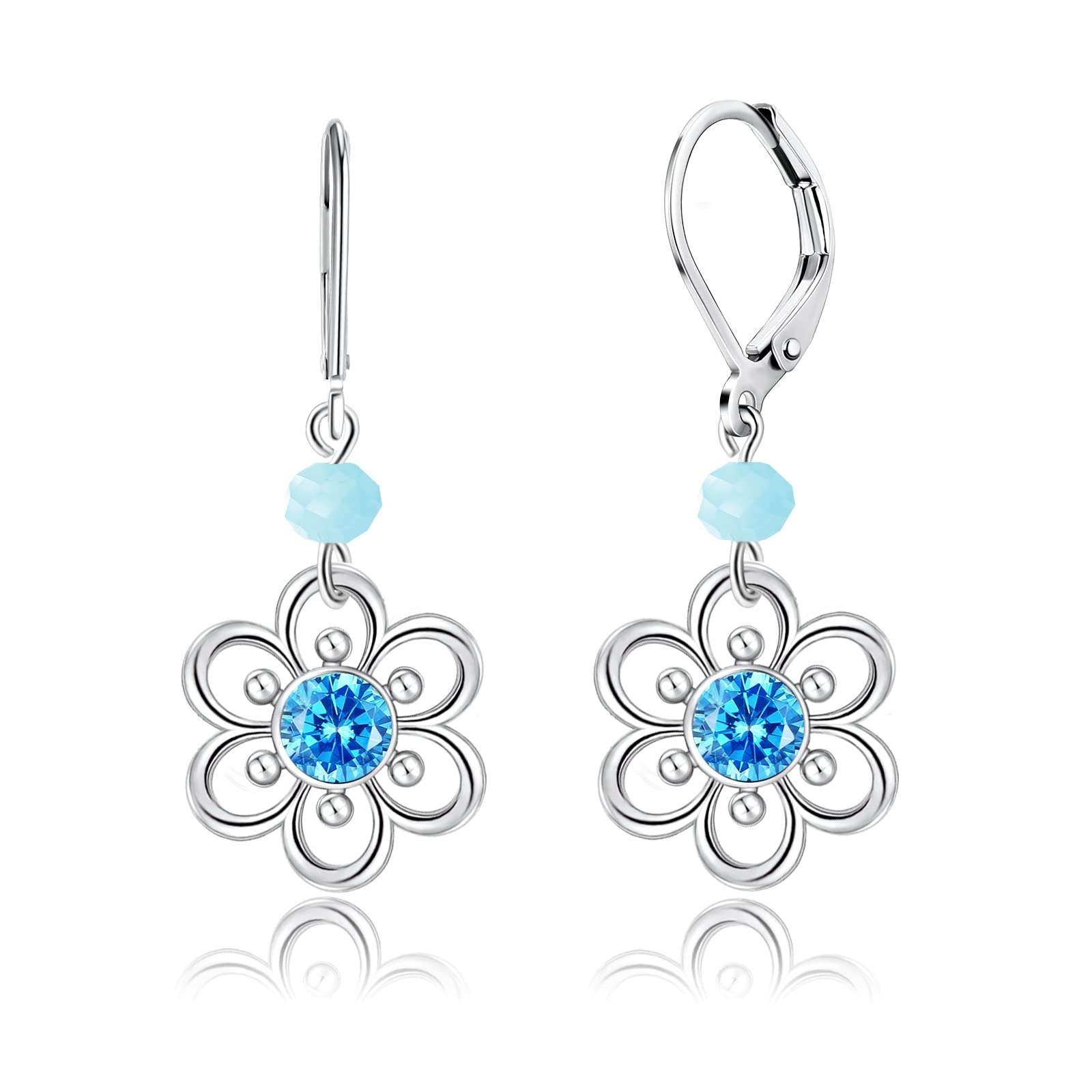 Dangle Flower Earrings for Women, White Gold Plated Drop Earrings with Blue Cubic Zirconia