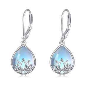 yfn lotus flower moonstone earrings leverback 925 sterling silver teardrop dangle hypoallergenic earring for women