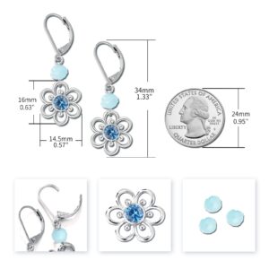 Dangle Flower Earrings for Women, White Gold Plated Drop Earrings with Blue Cubic Zirconia