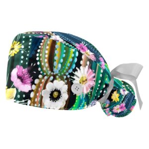 fflower colorful blooming cactus flower working caps with buttons, long hair scrub hats ponytail holder for women, one size