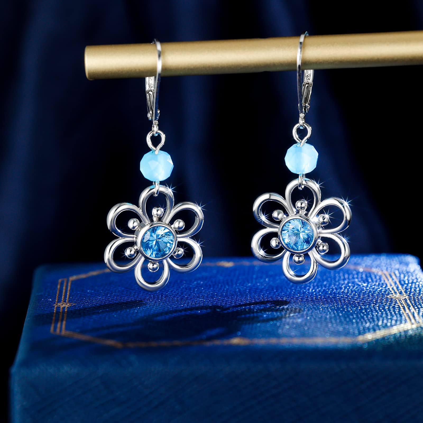 Dangle Flower Earrings for Women, White Gold Plated Drop Earrings with Blue Cubic Zirconia