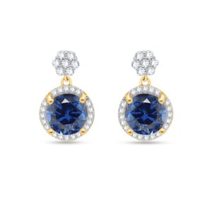 Shineadime 6MM Round Shape Simulated Blue Sapphire and White Cubic Zirconia Floral Halo Prong Set Drop Dangle Earrings with Screw Back in 14K Yellow Gold Plated 925 Sterling Silver Gift for Womens