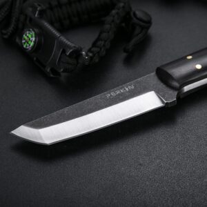 Perkin Hunting Knife With Sheath Fixed Blade Knife Full tang Bushcraft Knife Tanto Blade - PK800 Black