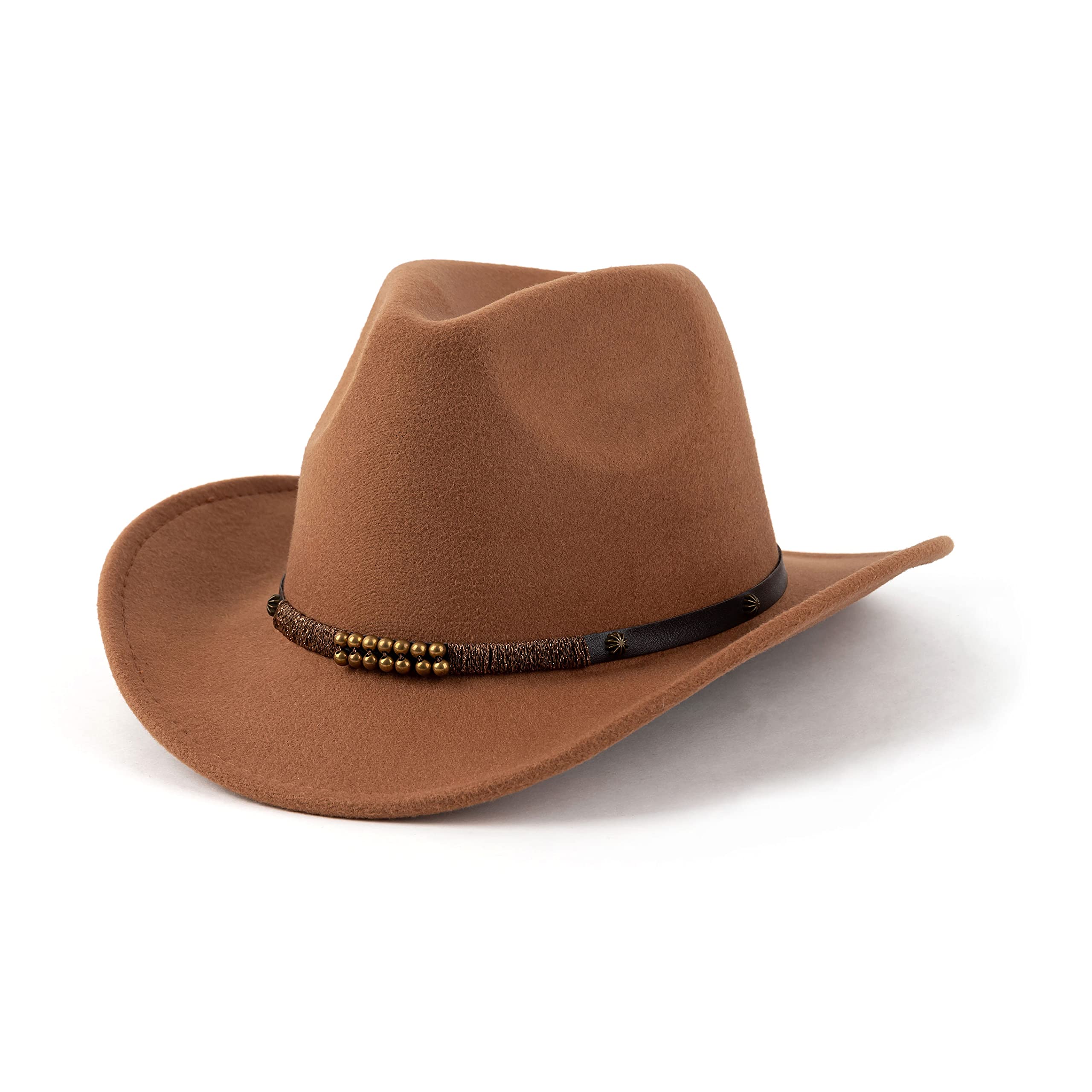 EOGIMI Western Cowboy Hats for Women Men Felt Wide Brim Panama Hat with Belt Buckle Bead Band-Khaki