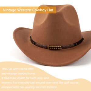 EOGIMI Western Cowboy Hats for Women Men Felt Wide Brim Panama Hat with Belt Buckle Bead Band-Khaki