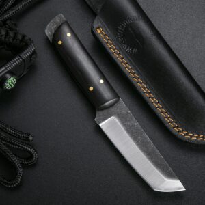 Perkin Hunting Knife With Sheath Fixed Blade Knife Full tang Bushcraft Knife Tanto Blade - PK800 Black