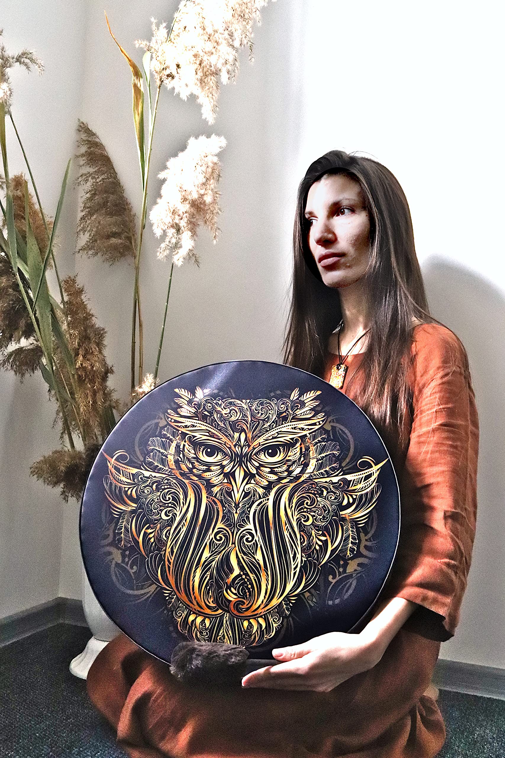 Vegan Shaman "Owl Soul" Drum 20'' | Healing Sound Therapy | Tunable Frame Drum | Water Resistant Membrane | Deep Bass Sacred Sound | With a Soft Protecting Bag