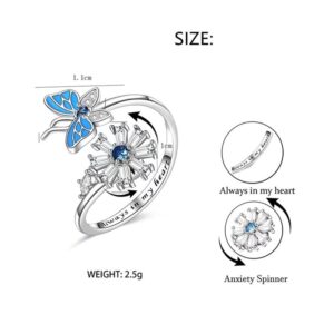 Fidget Anxiety Rings Butterfly Sunflower Adjustable Open Spinner Ring for Women Blue Cubic Zirconia Always in My Heart Stress Relieving Wrap Thin Band Engraved Cute Animal Jewelry Gift Girlfriend Bff Christmas