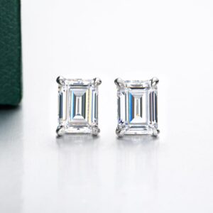 Bo.Dream Emerald Cut Cubic Zirconia CZ Stud Earrings for Women Faux Diamond 18K White Gold Plated Sterling Silver (Total 2.0 Carats, 5x7mm)