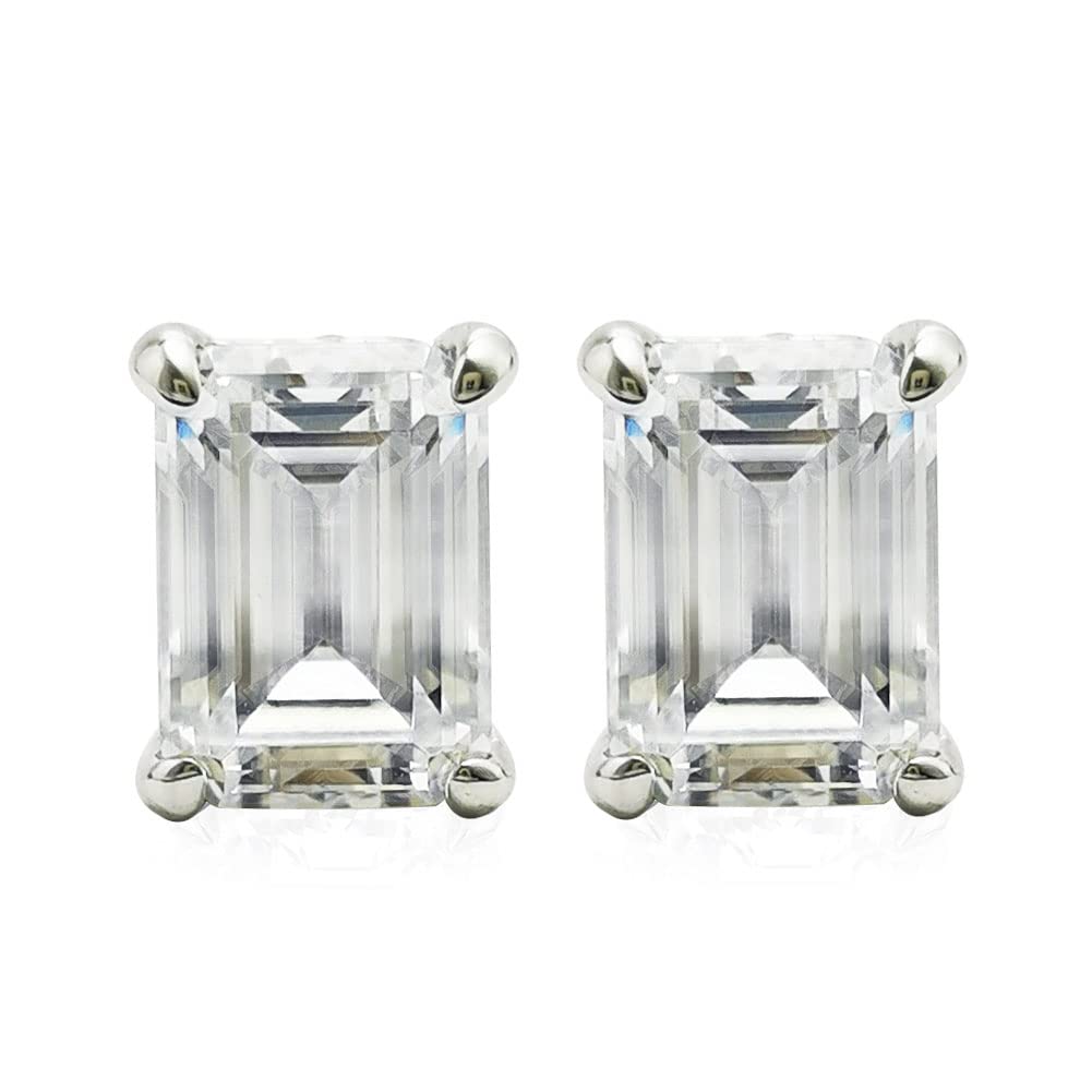 Bo.Dream Emerald Cut Cubic Zirconia CZ Stud Earrings for Women Faux Diamond 18K White Gold Plated Sterling Silver (Total 2.0 Carats, 5x7mm)