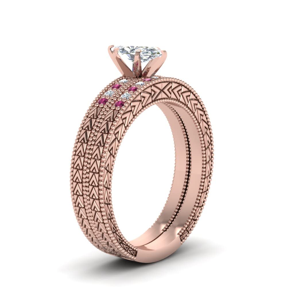 JewelryGift Antique Design Pave Engagement Rings rose gold plated Created Pink Sapphire Marquise shape Pink color Milgrain Engagement Rings pave Setting in Size 12 Fashion Jewelry