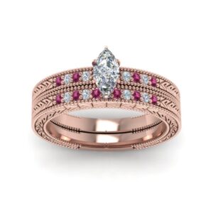 JewelryGift Antique Design Pave Engagement Rings rose gold plated Created Pink Sapphire Marquise shape Pink color Milgrain Engagement Rings pave Setting in Size 12 Fashion Jewelry