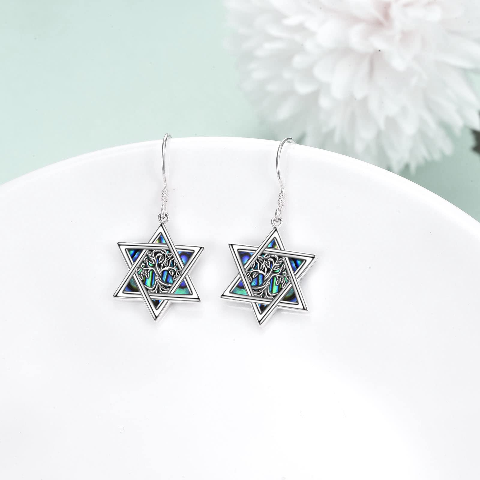 YFN Star of David Earrings Sterling Silver Tree of Life Dangle Earrings Abalone Shell Jewish Jewelry Gifts for Women Star Of David Jewelry for Hanukkah