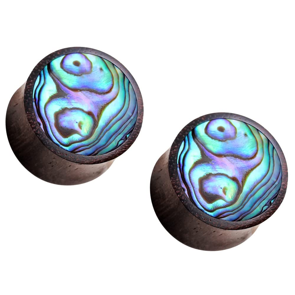 Pierced Owl Organic Sono Wood with Abalone Inlay Saddle Plugs, Sold as a Pair (10mm (00GA))