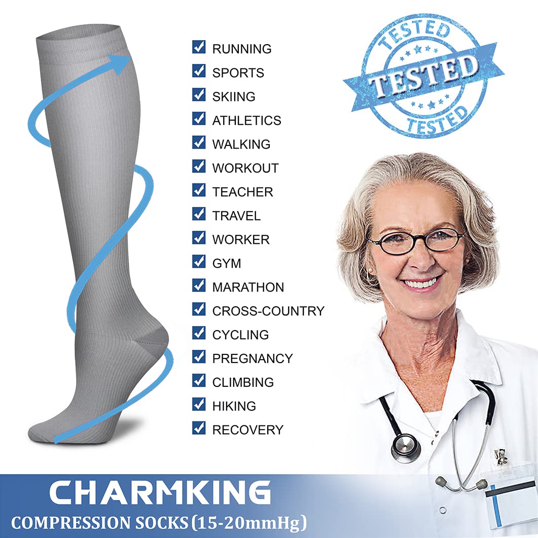 CHARMKING Compression Socks for Women & Men (8 Pairs) 15-20 mmHg Graduated Copper Support Socks are Best for Pregnant, Nurses - Boost Performance, Circulation, Knee High & Wide Calf (L/XL, Multi 44)