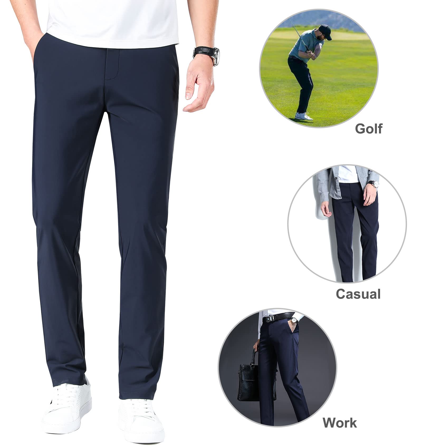 LUSHENUNI Men's Golf Pants Slim High Stretch, Ice Silk Dress Pants with Expandable-WAIS Pants (33, Blue)