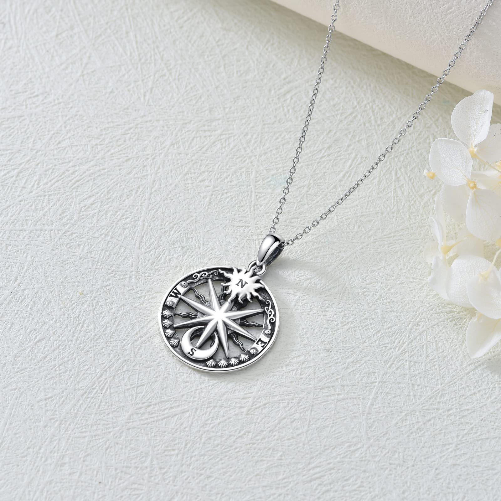 PROESS Compass Necklace Sterling Silver Sun and Moon Compass Pendant Necklace Inspirational Nautical Compass Jewelry Gifts for Women Men Graduation