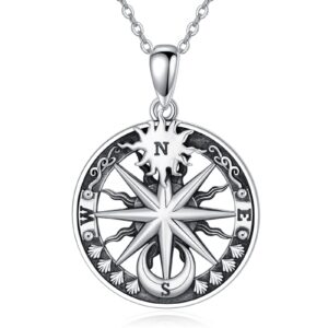 proess compass necklace sterling silver sun and moon compass pendant necklace inspirational nautical compass jewelry gifts for women men graduation