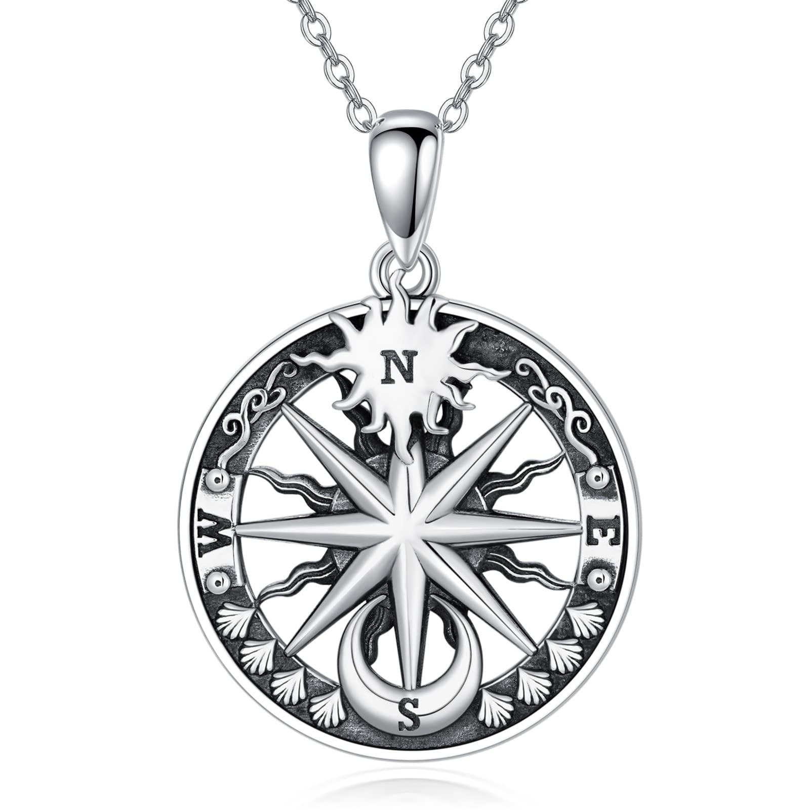 PROESS Compass Necklace Sterling Silver Sun and Moon Compass Pendant Necklace Inspirational Nautical Compass Jewelry Gifts for Women Men Graduation