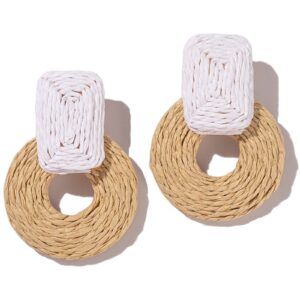 statement raffia earrings cute boho earrings rattan dangle earrings handmade straw wrap earrings summer drop dangling earrings for women(white/nature)