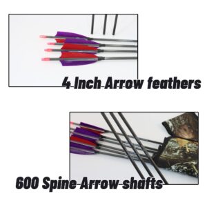 12PCS 600 Spine Pure Carbon Arrows with Real Turkey Feathers Removable 100 Grain Tips Plastic Nocks for Archery Target Hunting