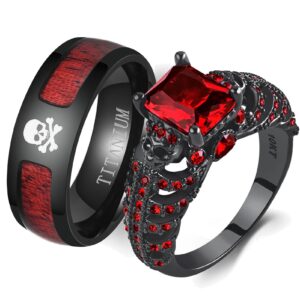 ringcrown couple rings matching ring black skull ring red cz womens wedding ring punk ring