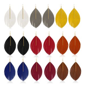 9 pairs handmade lightweight vintage bohemian leather leaf dangle drop earrings sets elegant large pu fringe feather hook earring with gold bar for women girls statement jewelry gifts (9 pairs)