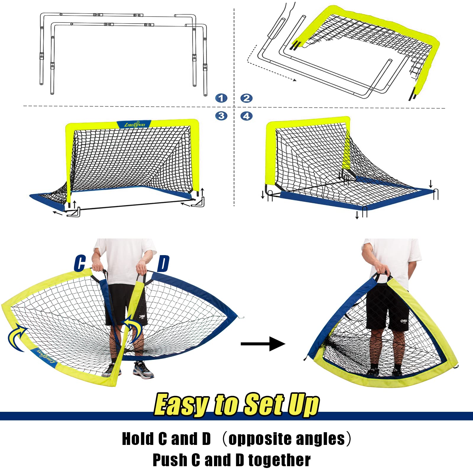 LIBERRWAY Soccer Goal 4'x 3' Portable Kids Soccer Goals for Backyard or Indoor Pop Up Soccer Net with 6 Training Cones, Carrying Bag, 8 Ground Stakes, 2 Set