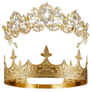 sureio 2 pcs antique royal king crown for men baroque queen crown for halloween crystal tiara prom party headband accessories(elegant style)