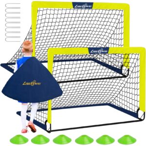 liberrway soccer goal 4'x 3' portable kids soccer goals for backyard or indoor pop up soccer net with 6 training cones, carrying bag, 8 ground stakes, 2 set