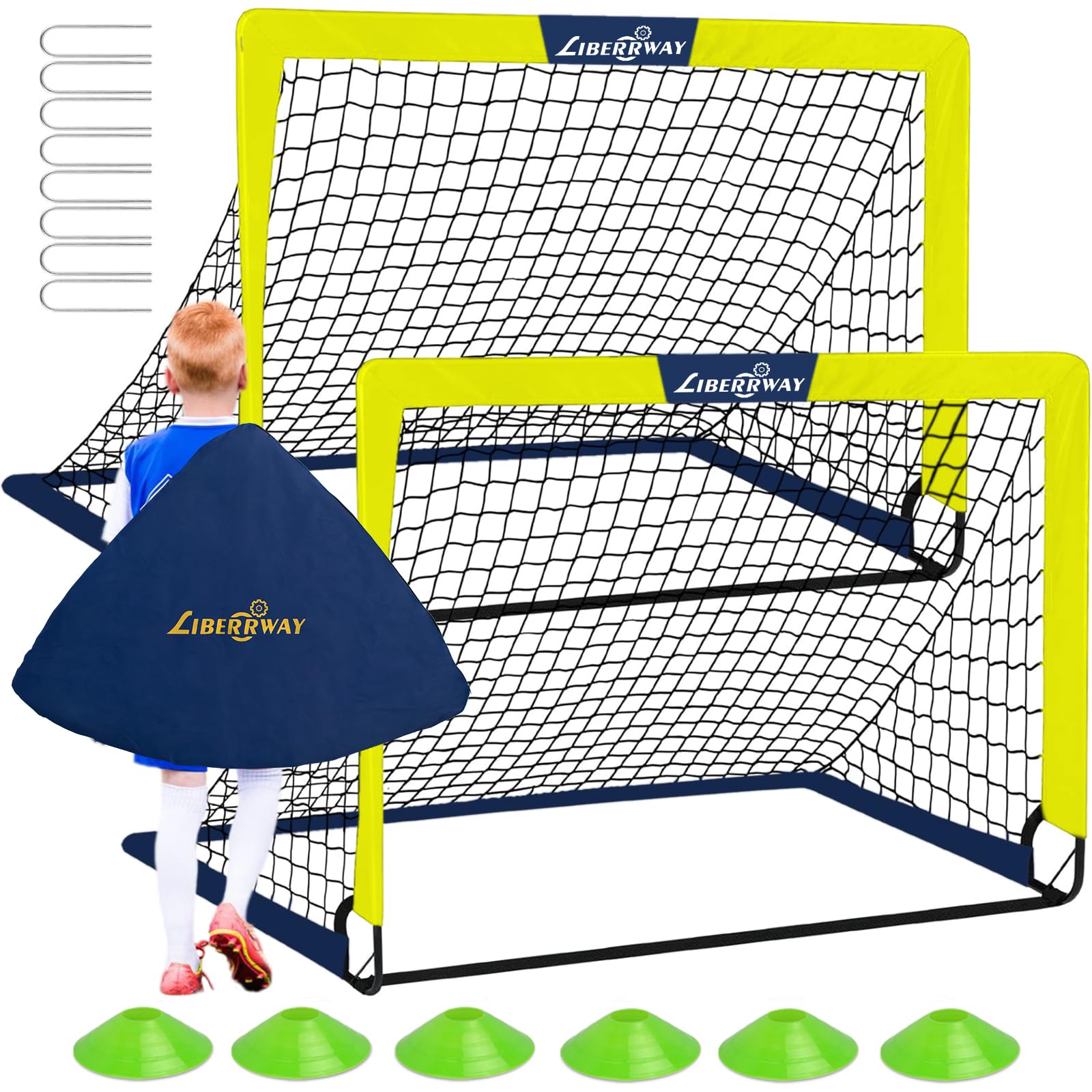 LIBERRWAY Soccer Goal 4'x 3' Portable Kids Soccer Goals for Backyard or Indoor Pop Up Soccer Net with 6 Training Cones, Carrying Bag, 8 Ground Stakes, 2 Set