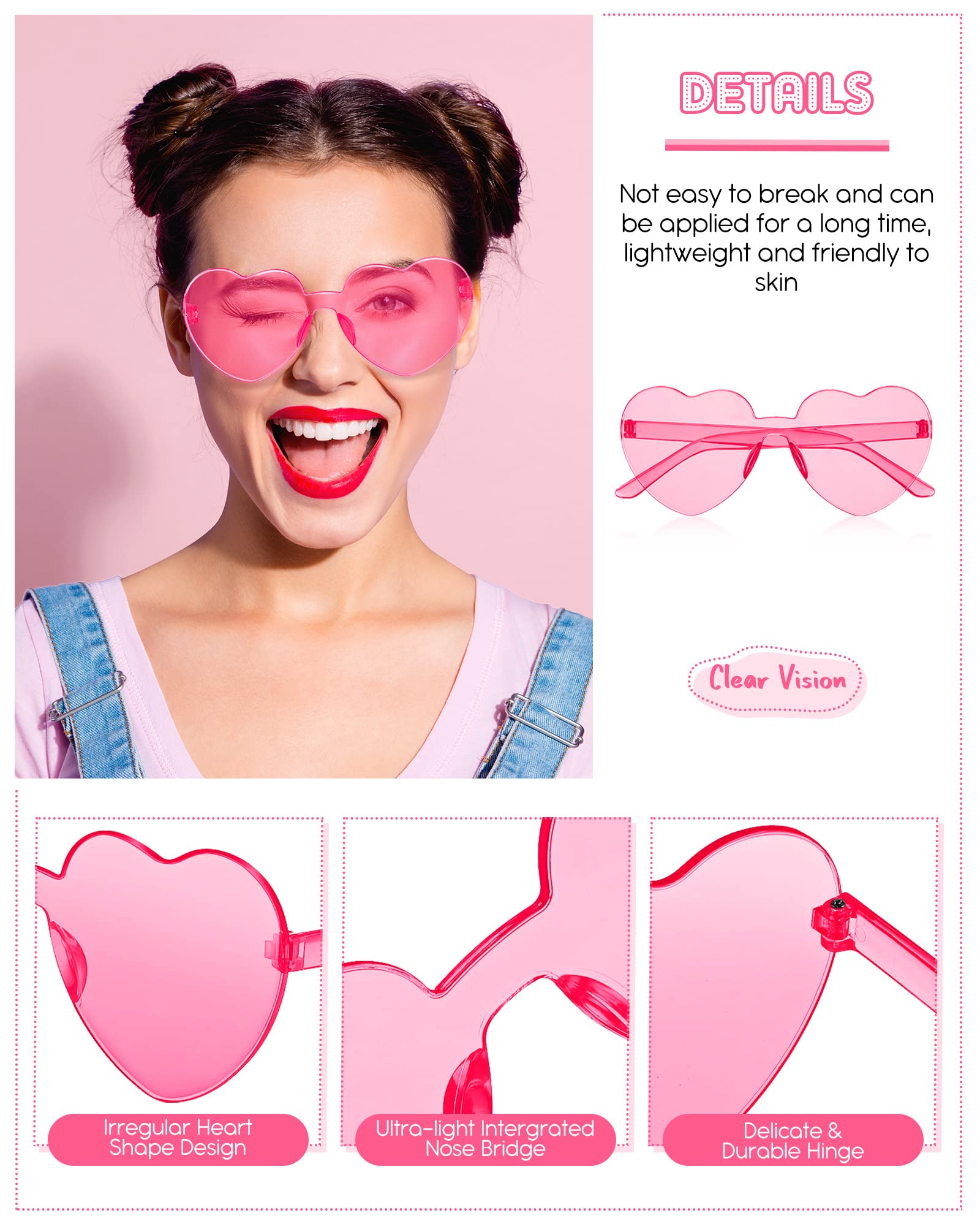 TOODOO 14 Pairs Heart Shaped Sunglasses for Women Girls Heart Sunglasses Rimless Transparent Glasses Bulk for Party Favors(Pink)