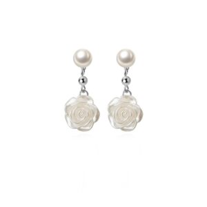 reffeer solid 925 sterling silver flower drop earrings dangle for women imitation pearl drop earrings flower camellia (a-silver)