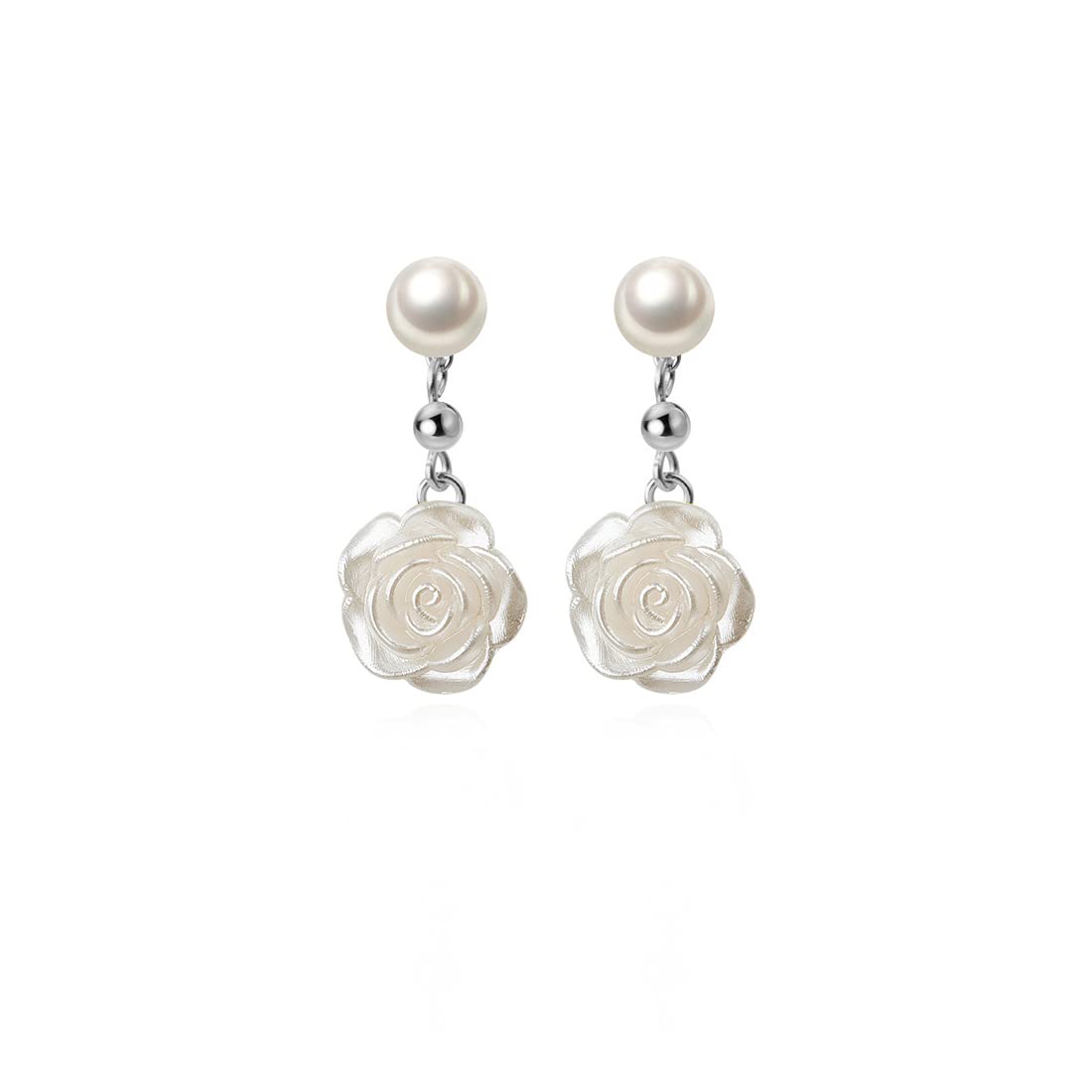 Reffeer Solid 925 Sterling Silver Flower Drop Earrings Dangle for Women Imitation Pearl Drop Earrings Flower Camellia (A-Silver)