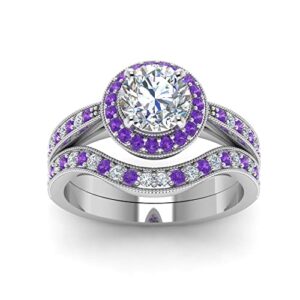 55Carat Milgrain Pave Halo Diamond Wedding Set Sterling Silver Natural Amethyst Round Shape Purple Color Wedding Ring Sets Pave Setting in Size 7 Party Wear Daily Wear Ornament