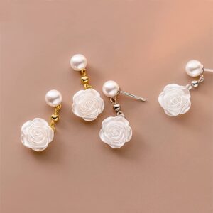 Reffeer Solid 925 Sterling Silver Flower Drop Earrings Dangle for Women Imitation Pearl Drop Earrings Flower Camellia (A-Silver)