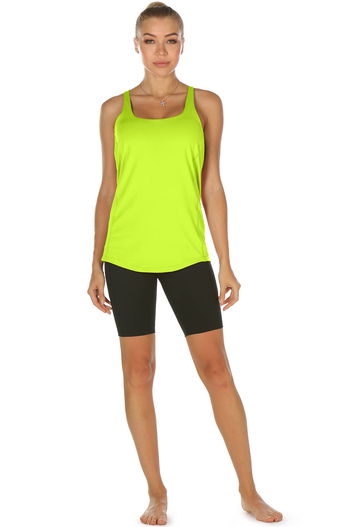 icyzone Workout Tank Tops Built in Bra - Women's Strappy Athletic Yoga Tops, Exercise Running Gym Shirts (Neon Yellow, XL)